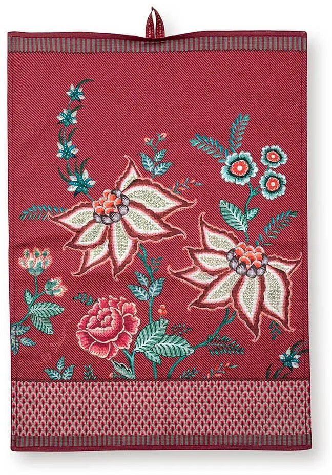 Pip Studio Flower Festival kuchyňská utěrka 50 x 70cm, tmavě růžová s květy (Kuchyňská bavlněná utěrka 50 x 70cm, pouto)