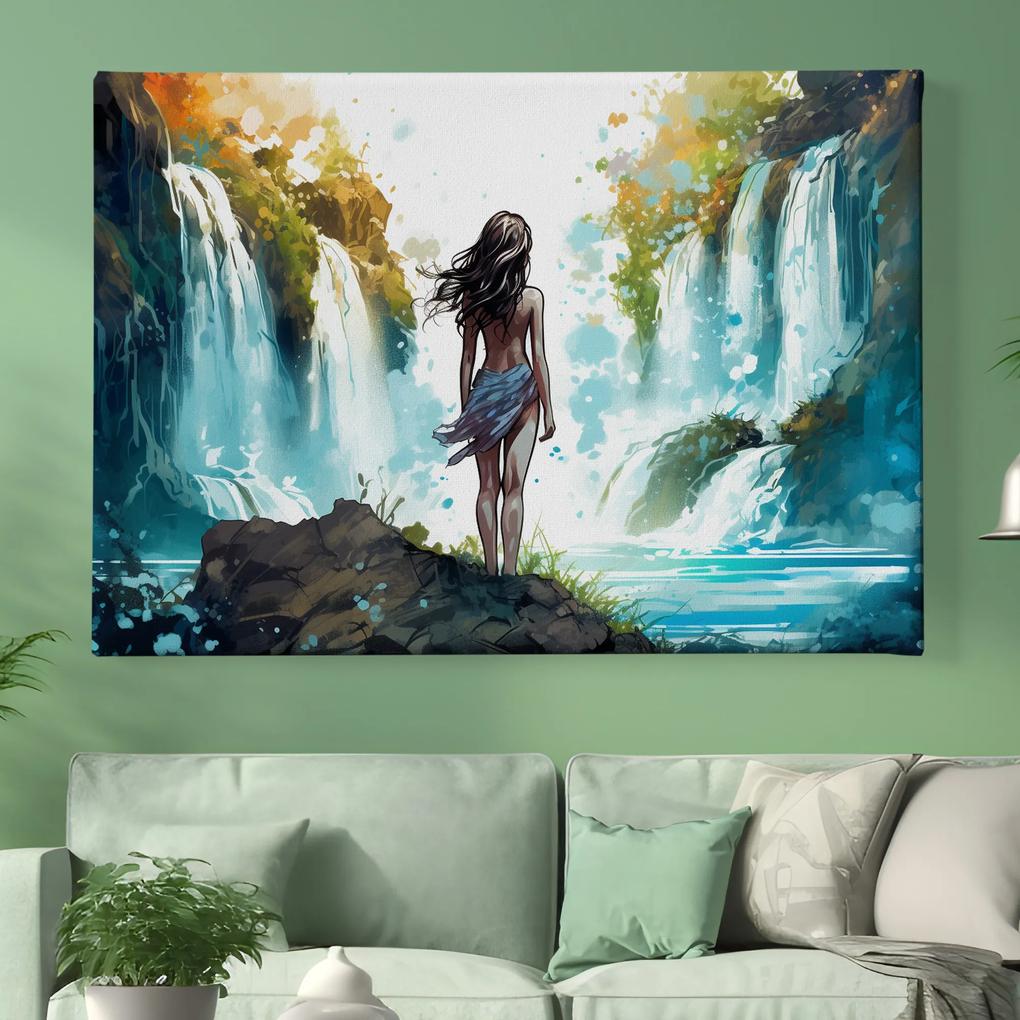 Obraz na plátně - Žena se chystá ke koupání pod vodopádem FeelHappy.cz Velikost obrazu: 120 x 80 cm