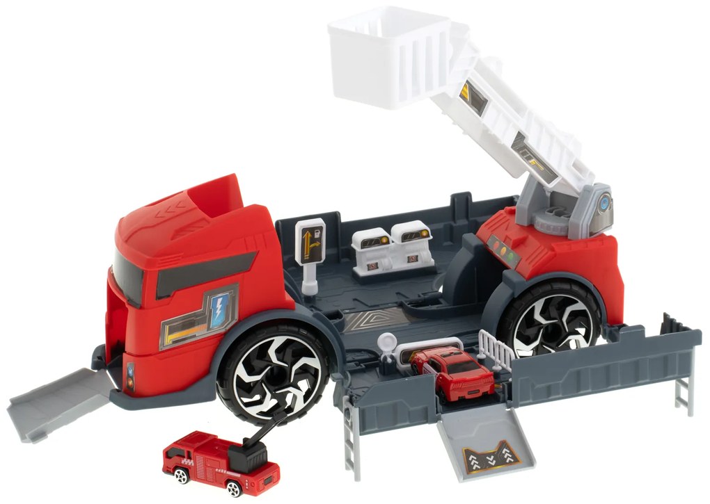 Creative Corner Transportér TIR 2v1 parkovací garáž hasiči + 3 auta červená