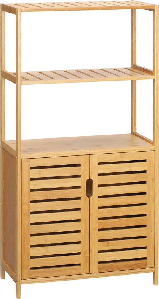 Kleankin koupelnová skříňka se 2 otevřenými policemi a skříňkou se 2 dvířky, úsporná bambusová skříňka 60x30x120 cm, přírodní