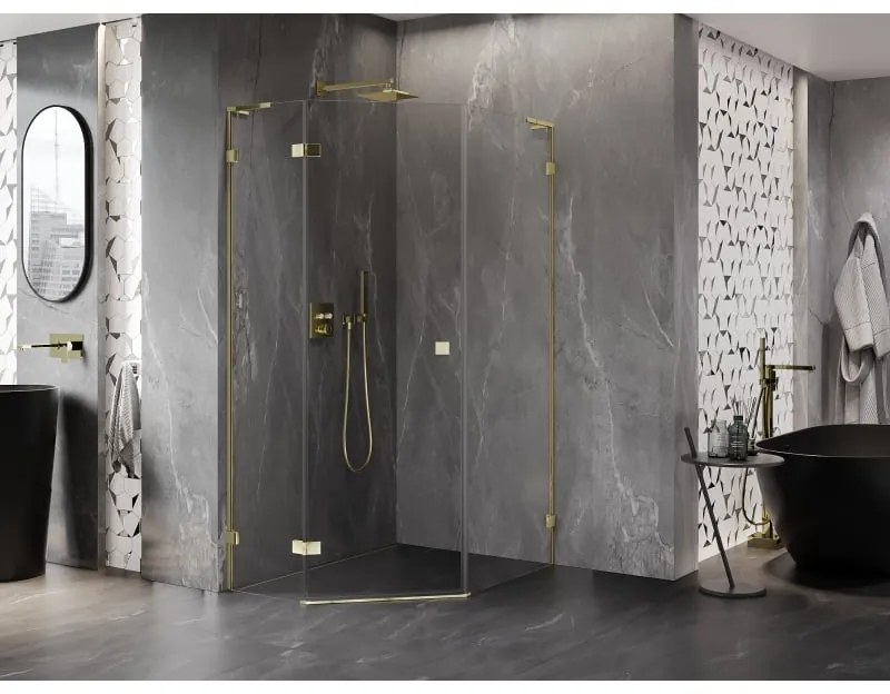 Mexen Lunar, L pětiúhelníkový sprchový kout naklápěcí doleva 80 x 100 cm, 8mm čiré sklo, zlatý profil, 831L-080L-100P-50-00-L