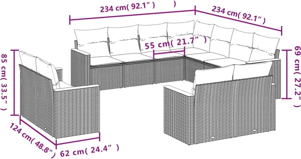 11dílný zahradní sedací souprava s poduškami béžový polyratan 3226499