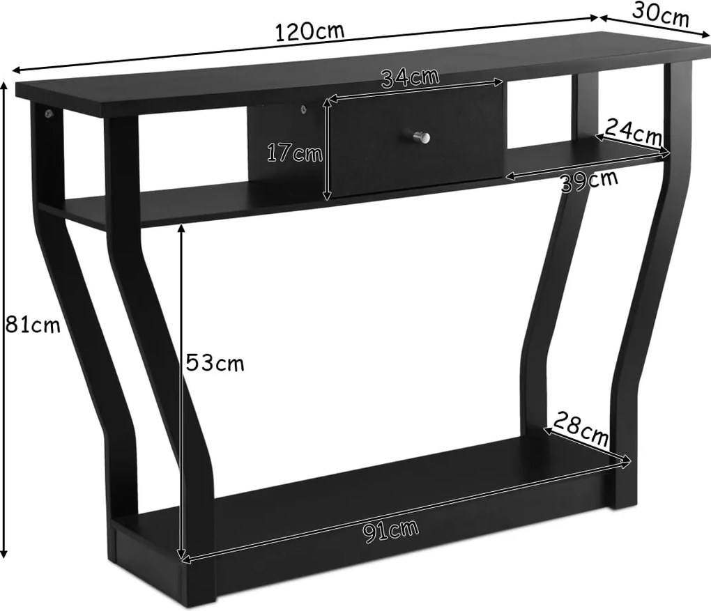 Costway Konzolový stůl černý se zásuvkou a policí – 120 × 30 × 81 cm