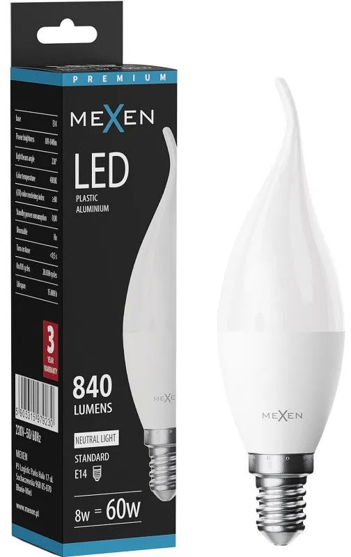 Mexen Nova LED žárovka plamínek E14, C37, 8W, Neutrální - 4000K, 840 lm - L106-E14-0840-01