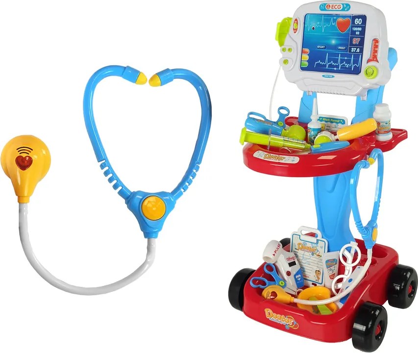 LEAN Toys Lékařská souprava na vozíku – dětský lékařský stolek „Doktor EKG“, 17 dílů
