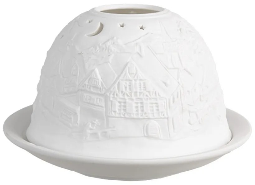 Bílý porcelánový svícen na čajovou svíčku s vánoční vesničkou Paollo - Ø 12 * 8 cm