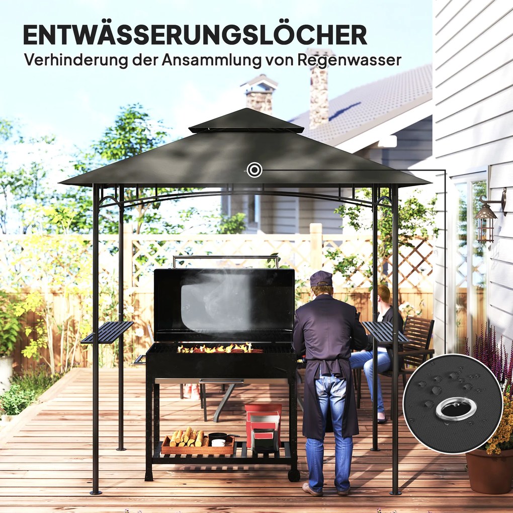 Outsunny BBQ pavilon s LED 240 x 150 x 258 cm, voděodolný a ohnivzdorný zahradní pavilon s dvouvrstvou střechou, bočními policemi, zahradní pergola s…