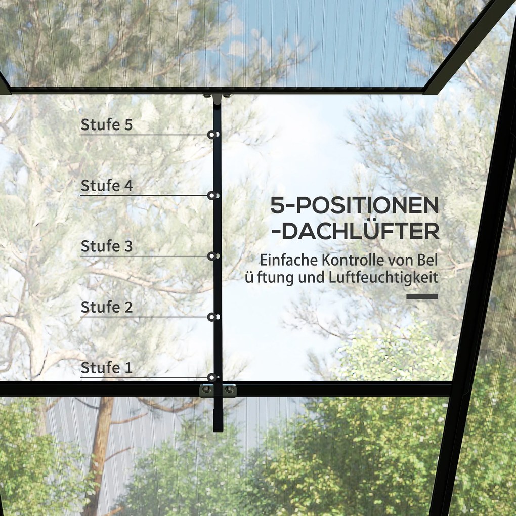 Outsunny skleník hliníkový 192 x 192 x 204 cm Skleník 3,68 m² s oknem, posuvnými dveřmi a základem pro pěstování rostlin Černá | Aosom.de