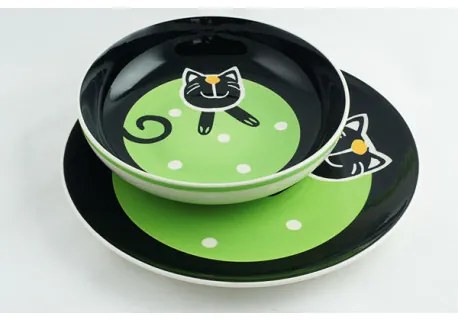 Sada talířů Veselá kočka zelená Zelený strom 019 S9