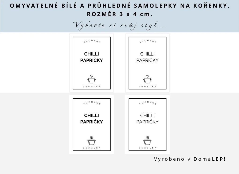 CHILLI PAPRIČKY - Samolepka na kořenky 3 x 4 cm - DomaLEP varianta: BÍLÁ - základní písmo
