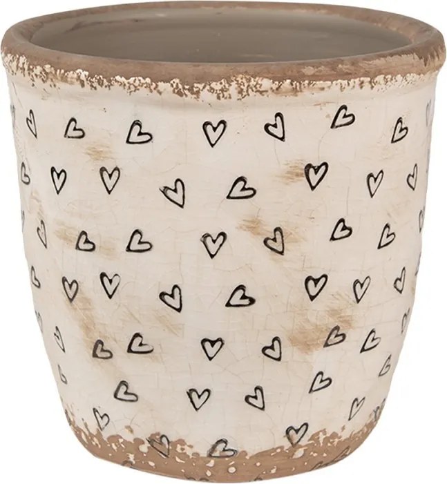 Béžový keramický obal na květináč se srdíčky Hearti M - Ø 14*13 cm