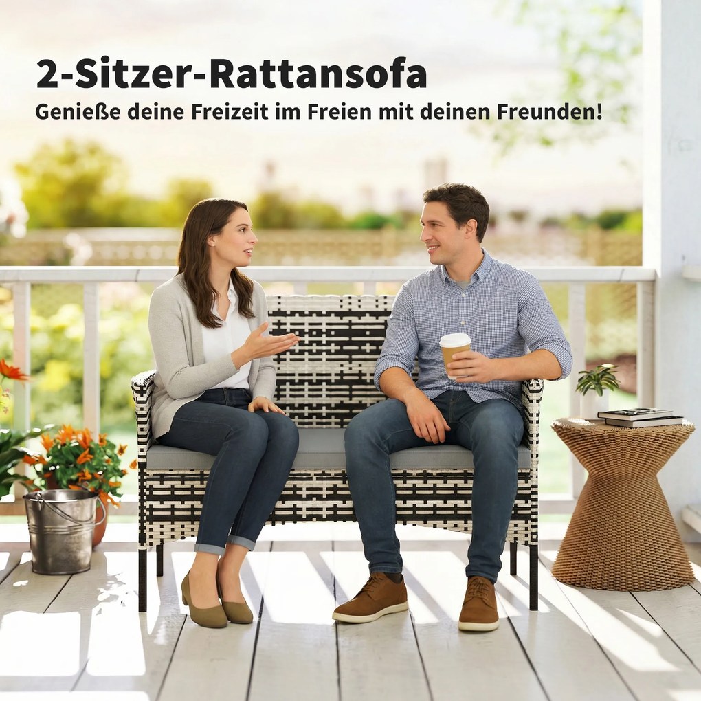 2místná ratanová zahradní pohovka PE ratanová venkovní pohovka na terasu s polštářem, protiskluzové rohože, ocelový rám, světle šedá barva