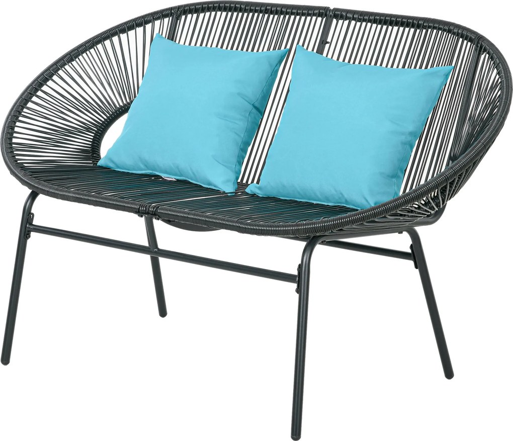 Outsunny zahradní lavička pro 2 osoby ve stylu ocel a umělý ratan s 2 polstry - rozměry 132D x 72Š x 83V cm - černá