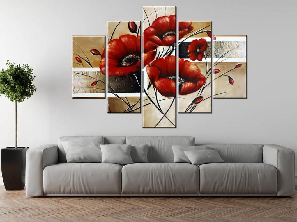 Gario Ručně malovaný obraz Polní mák - 5 dílný Rozměry: 100 x 70 cm
