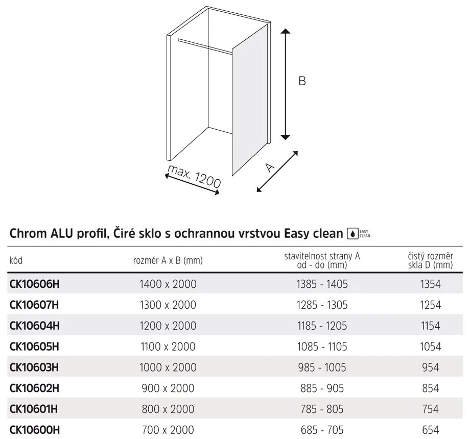 Mereo Novea sprchová stěna WALK IN 70 x 200 cm sklo Čiré ALU chrom CK10600H