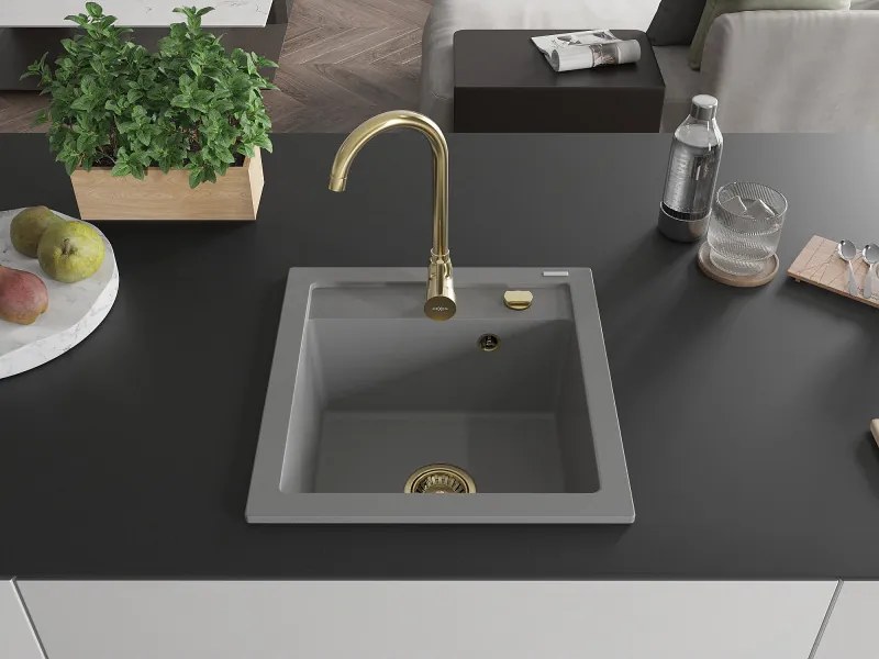 Mexen Vito, granitový dřez 520x490x210 mm, 1-komorový, šedá se zlatým sifonem, 6503521000-71-G