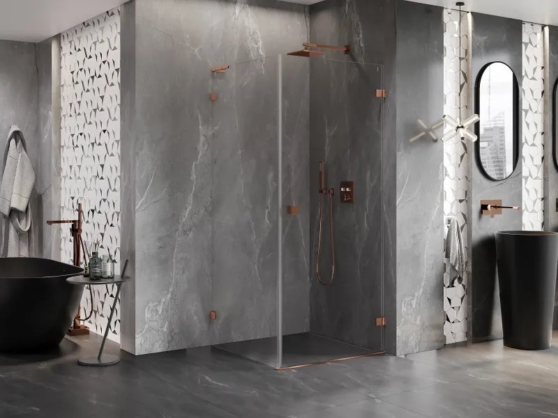 Mexen Lunar-B L výklopný sprchový kout pravý 90 x 90 cm, čiré sklo, růžové zlato, 832L-090-090-60-00-P