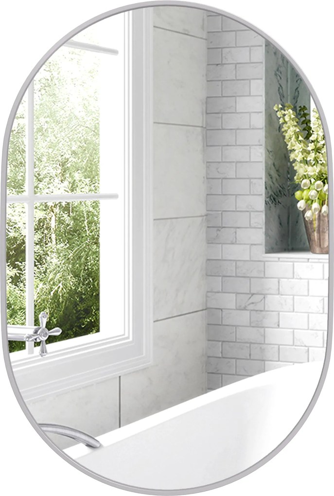 HOMCOM Oválné Zrcadlo do Koupelny 60x90 cm se Stříbrným Hliníkovým Rámem - Dekorativní Zrcadlo na Zeď Horizontální nebo Vertikální pro Obývací Pokoj,