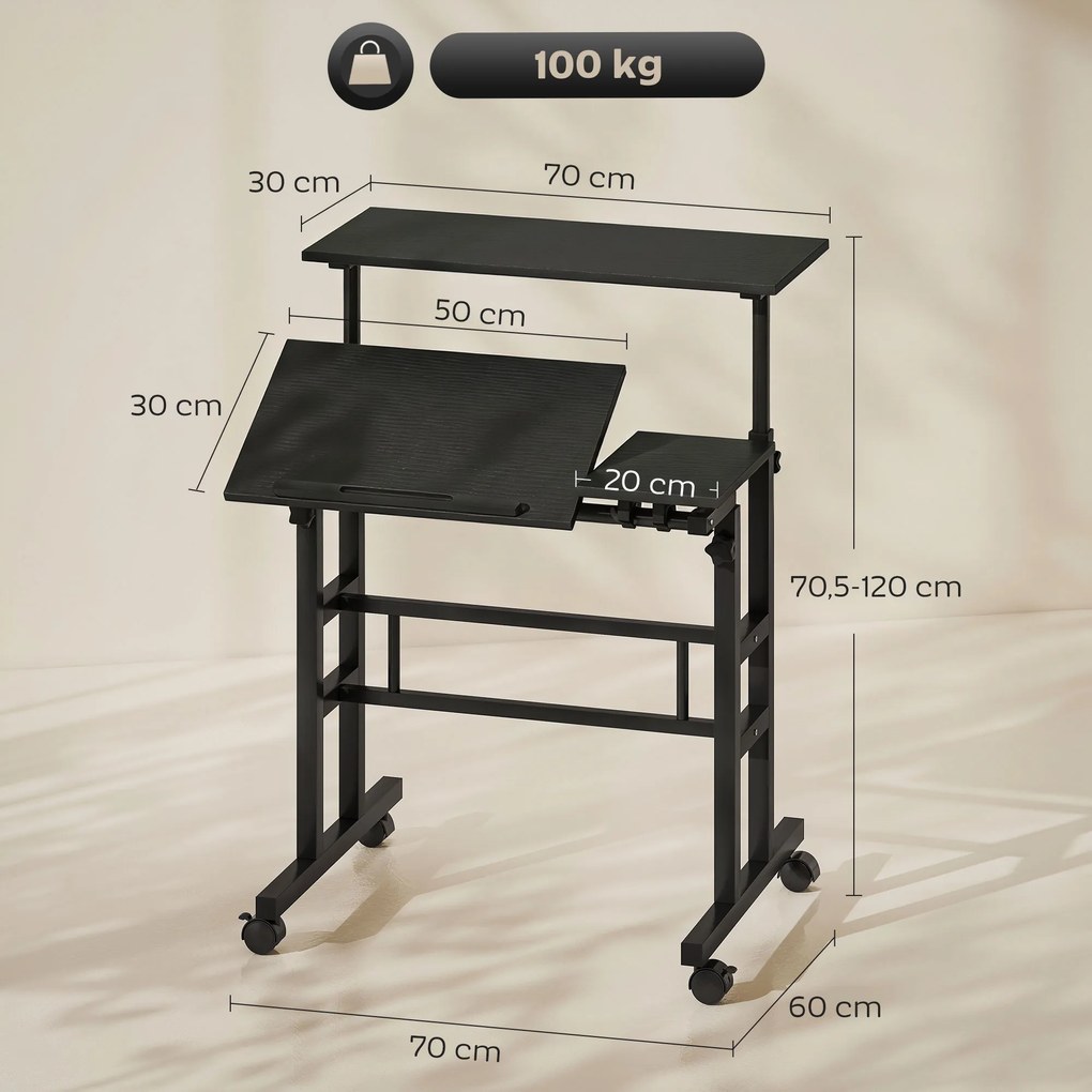 HOMCOM sedací‑stojací stůl výškově nastavitelný 70 x 60 cm na kolečkách s naklápěcí deskou, černý kovový rám