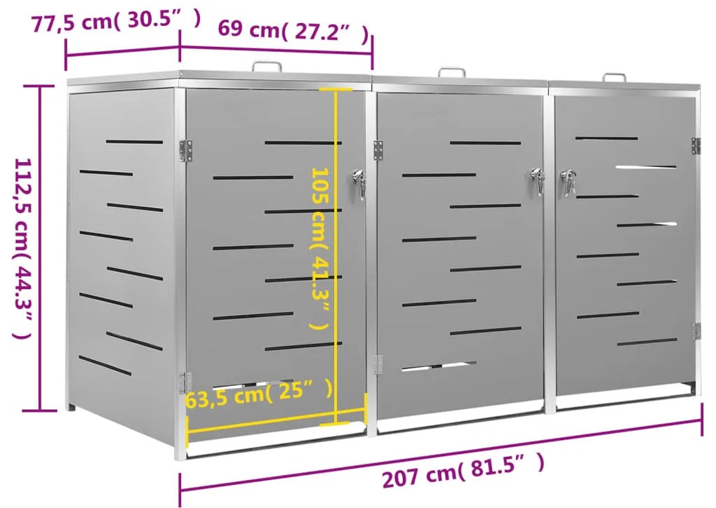 vidaXL Marketos Přístřešek na tři popelnice 207 x 77,5 x 112,5 cm nerezová ocel
