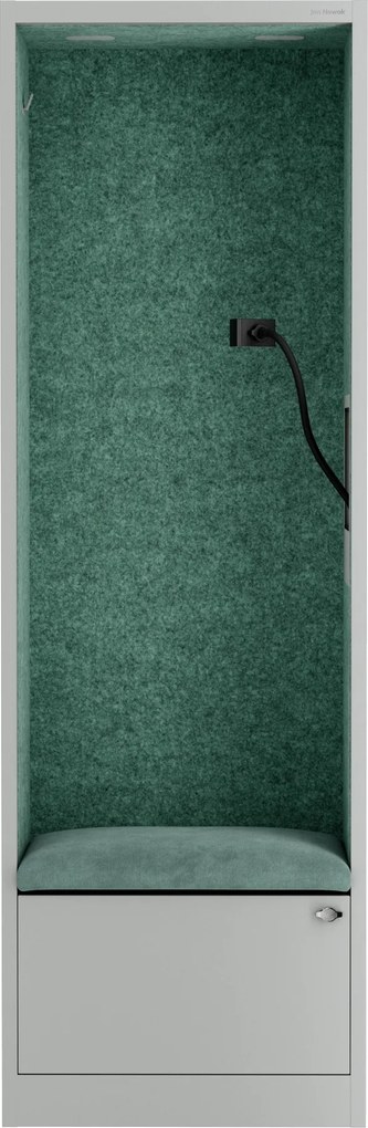 Kancelářská akustická kabina se sedátkem a USB-C portem, korpus šedý / sedák zelený, 600 mm: SALLY MentalBox