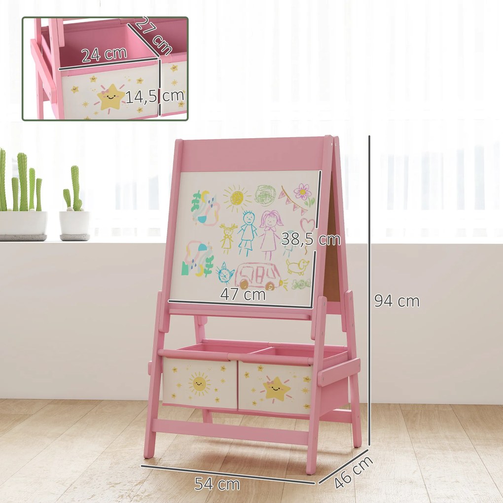AIYAPLAY Dětský stojan 3 v 1 dětská tabule s křídlovou tabulí, whiteboard, role papíru, 2 úložné boxy, pro 3-8 let, růžová