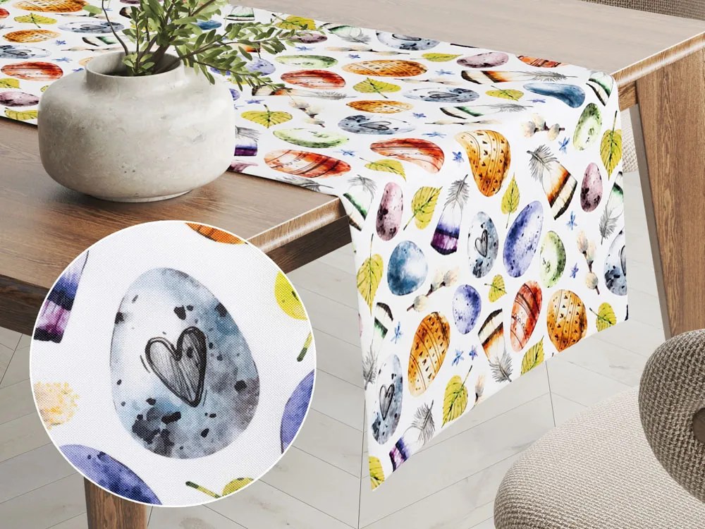 Biante Velikonoční teflonový běhoun na stůl TF-075 Barevné kraslice a pírka na bílém 20x160 cm