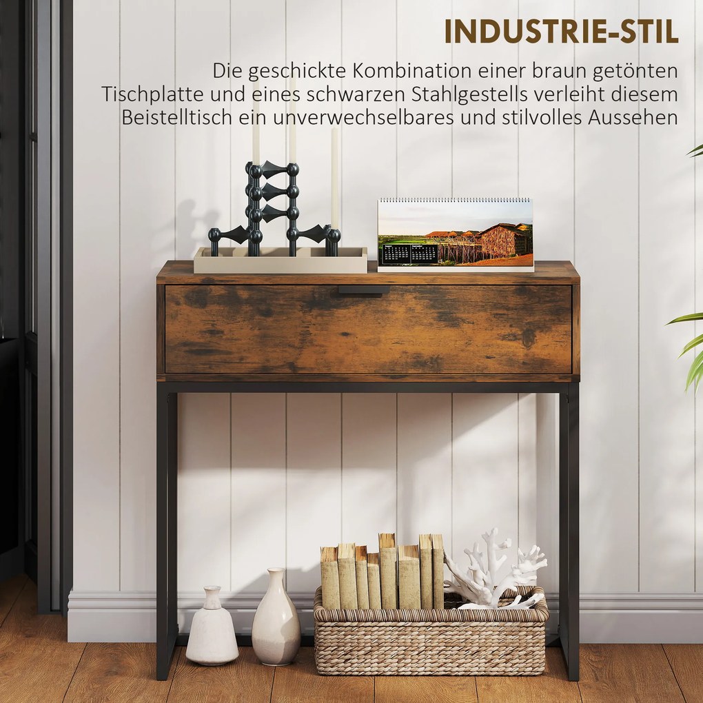 HOMCOM Konzolový stolek, předsíňový stolek s zásuvkou, průmyslový design, do předsíně nebo obývacího pokoje, 80x30x76 cm, černá