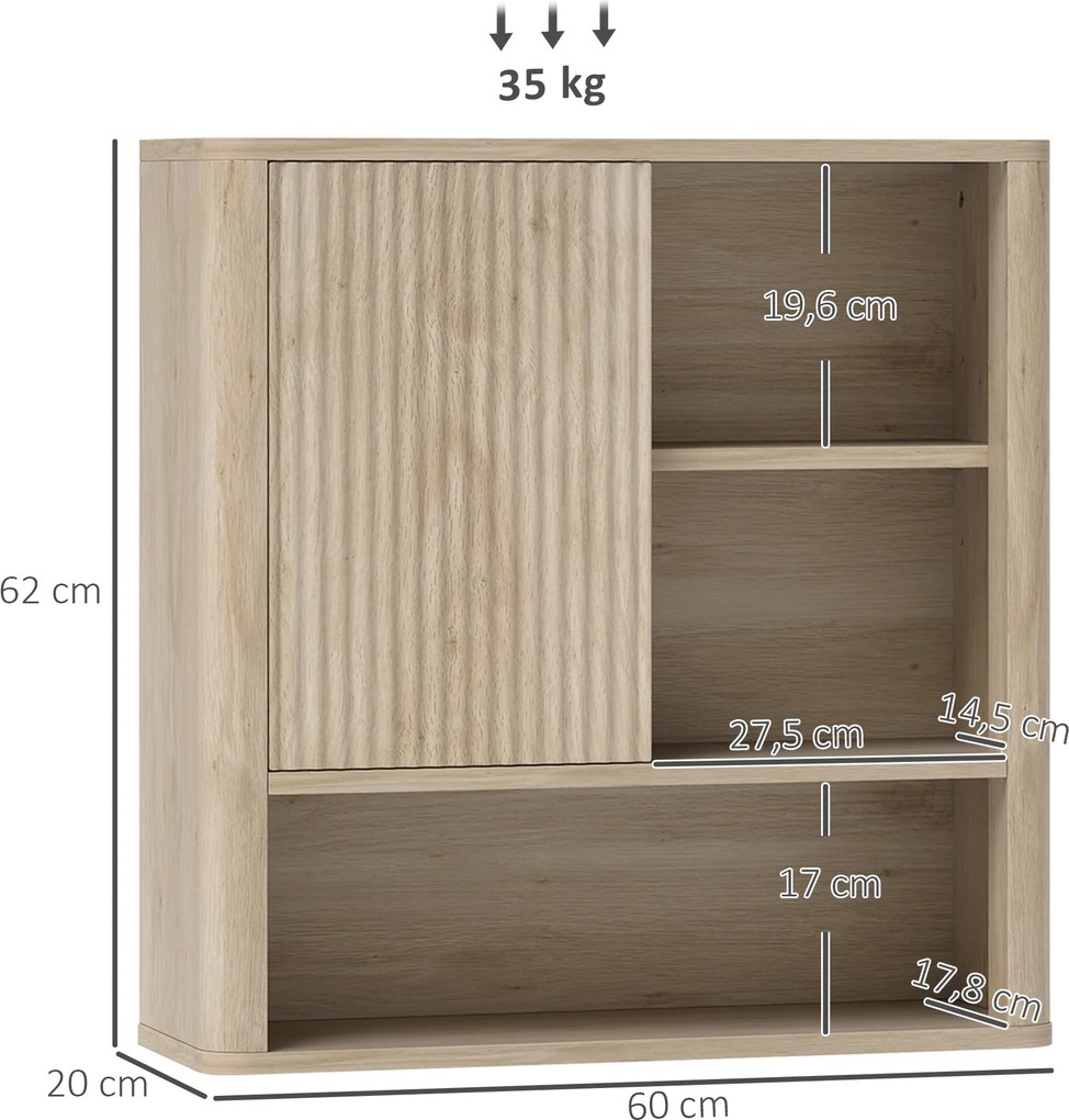 HOMCOM Nástěnná skříňka do koupelny s nastavitelnými policemi, sklápěcími dveřmi a zakřiveným designem 60x20x62 cm Přirodní