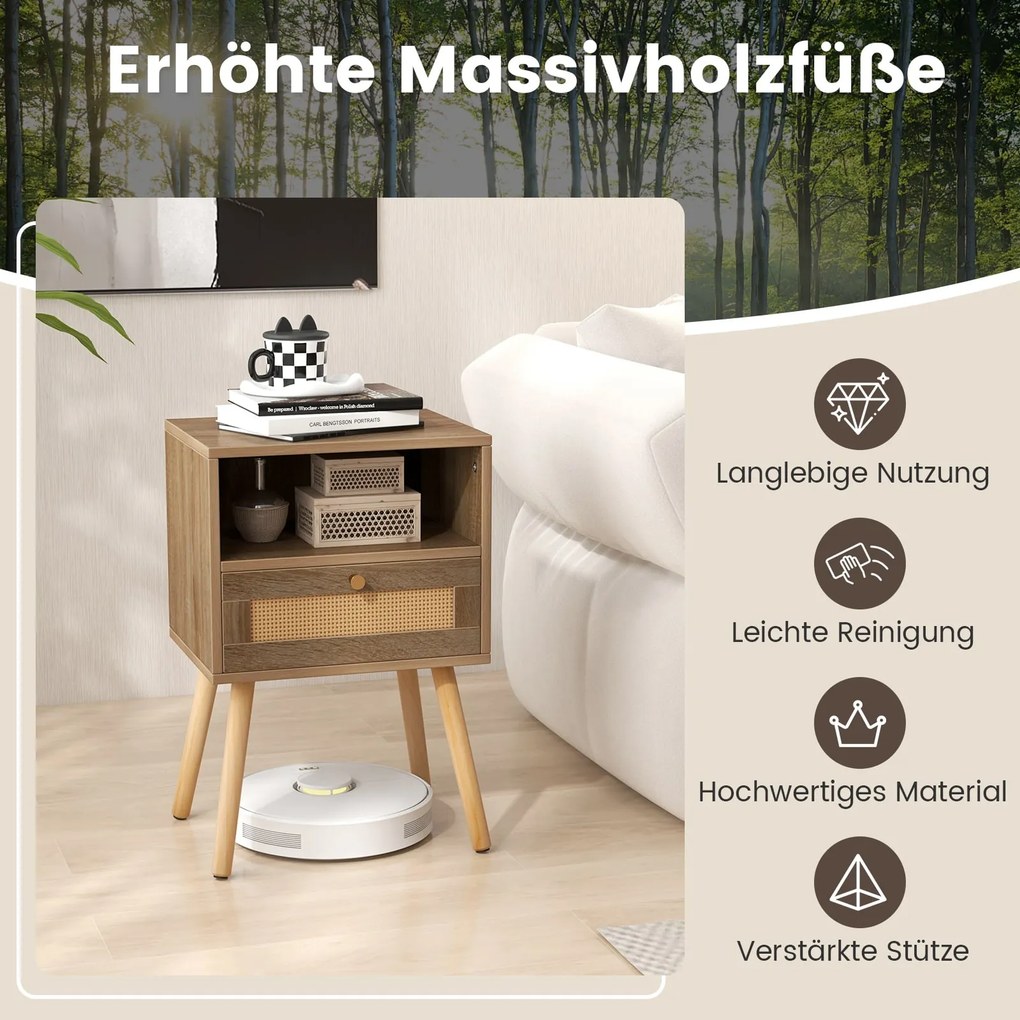 Costway Noční stolek s ratanovou dekorací, malý v boho stylu s přírodní zásuvkou