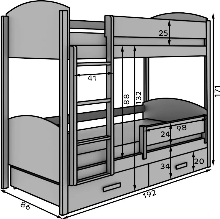 ADRK Furniture Dětská patrová postel Jori s bariérkou 200x90 s matrací