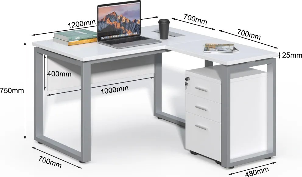 Rohový kancelářský stůl s kontejnerem Houseland Prime Home 01 120 cm bílý