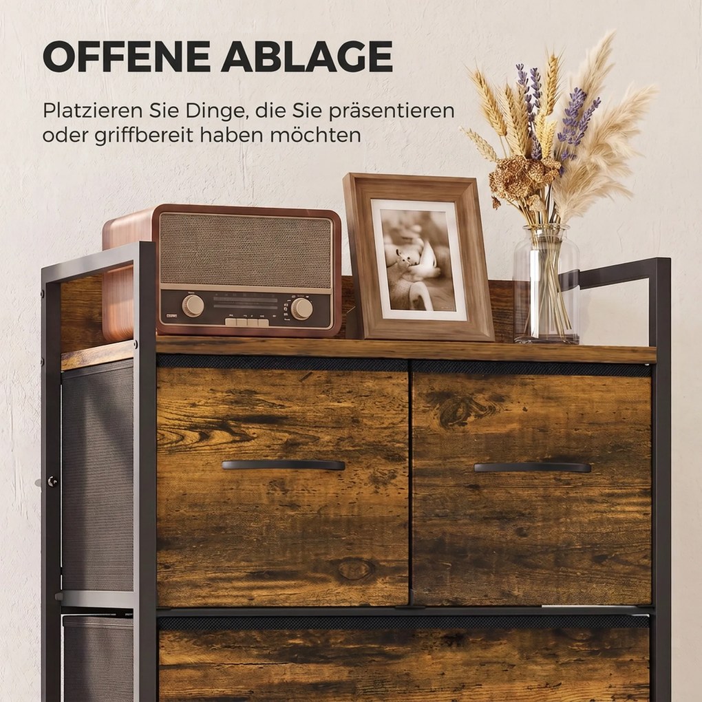 HOMCOM komoda, sideboard, 4 látkové zásuvky, průmyslový design, 50x29x85 cm, hnědá/černá