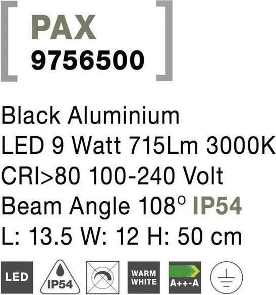 NV 9756500 Venkovní sloupkové svítidlo PAX černý hliník LED 9W 3000K 100-240V 108st. IP54 - NOVA LUCE