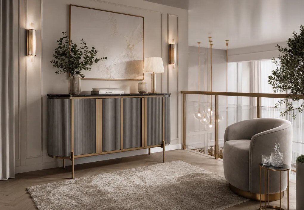 Komoda Stilig ST384 160 cm černý mramor/grafit/zlatá
