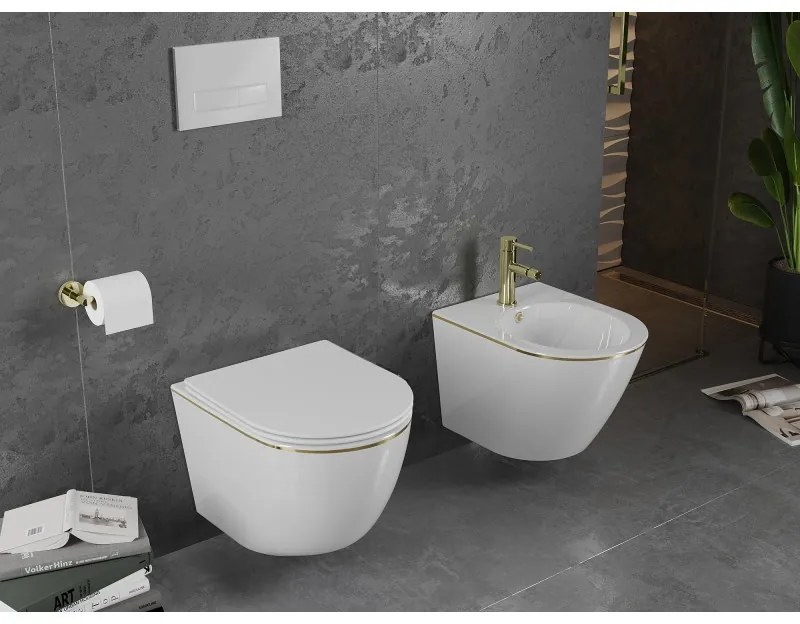 Mexen Lena WC mísa Rimless s pomalu padající deskou slim, duroplast, bílá/Zlatá geometrický vzor - 30224005