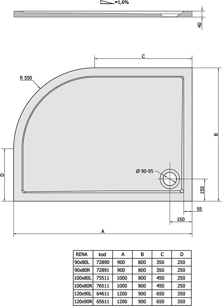 Polysan, RENA L sprchová vanička z litého mramoru, čtvrtkruh 120x90x4cm, R550, levá, bílá, 64611