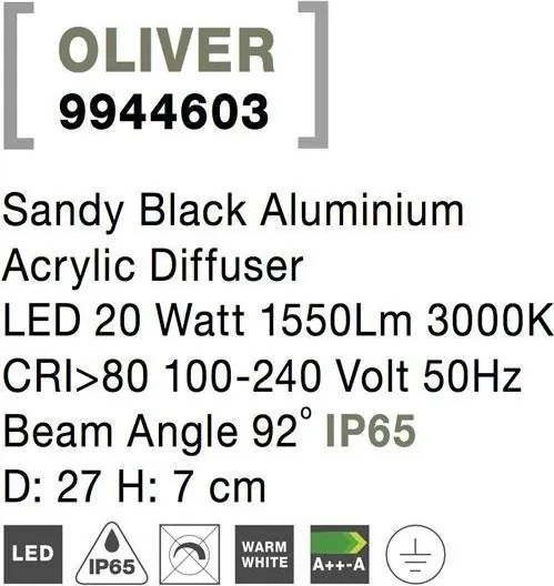 NV 9944603 Venkovní stropní svítidlo OLIVER černý hliník akrylový difuzor LED 20W 3000K 100-240V 92st. IP65 - NOVA LUCE