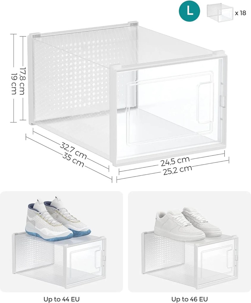 Uzavíratelný úložný box na boty, krabice na boty, balení 18 kusů, bílé