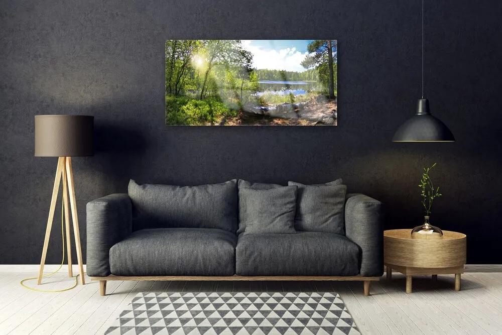 Obraz na skle Les Stromy Jezero Příroda 140x70 cm