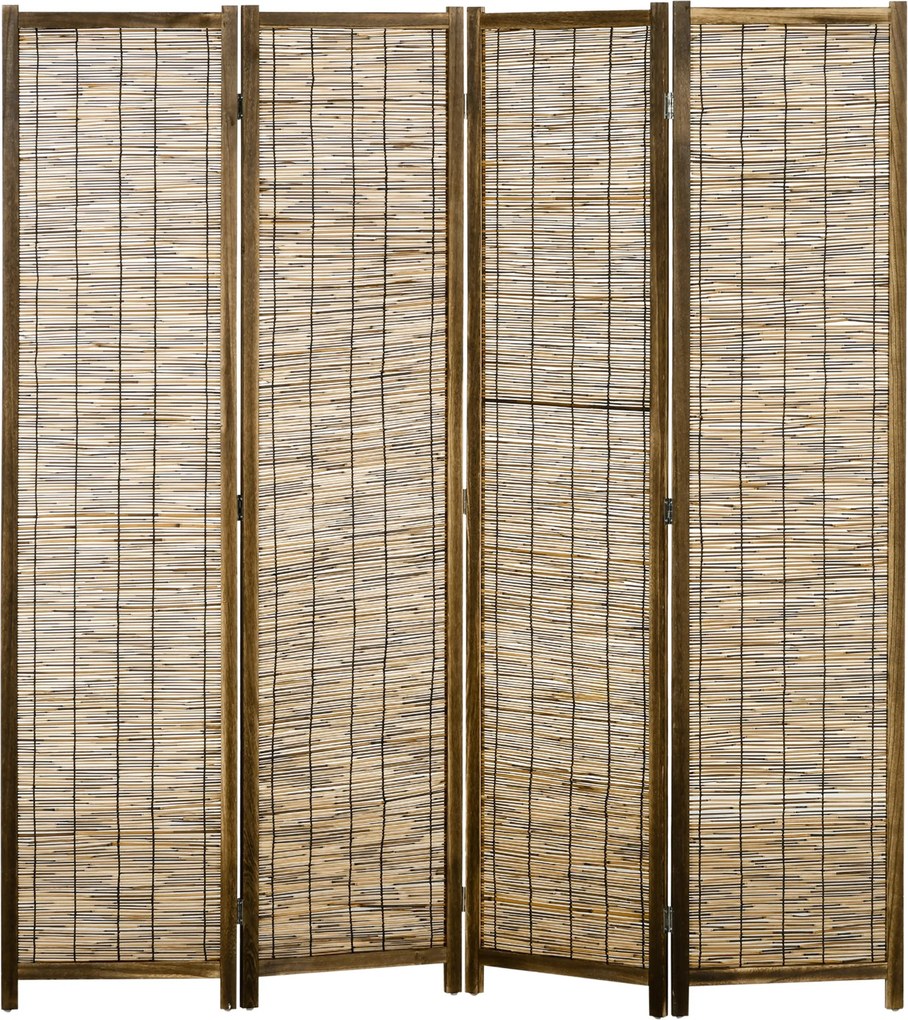 HOMCOM 4-panelový skládací paravan 160 cm x 1.8 cm x 170 cm Rustikální dřevěný a rákosový oddělovač místností pro kancelář, ložnici, obývací pokoj