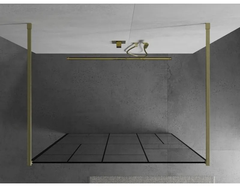 Mexen Kioto, sprchová zástěna Walk-In 100 x 200 cm, 8mm sklo černý vzor, zlatý matný profil, 800-100-002-55-78