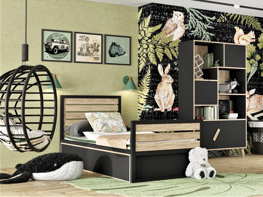 BAMI Dětské dřevěné jednolůžko s úložným prostorem TUTU 90x200 cm Zvolte barvu: Černá, dub sonoma