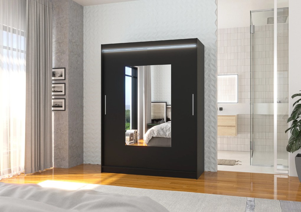 ADRK Furniture Posuvná skříň se zrcadlem a LED osvětlením DORRIGO 150 ADRK-SW-DOR-B-150+L
