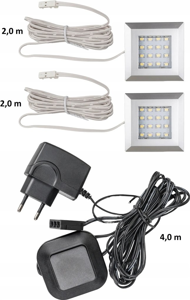 Led osvětlení Square 2 body, studená bílá barva s napájecím zdrojem pro výklenky, skříně