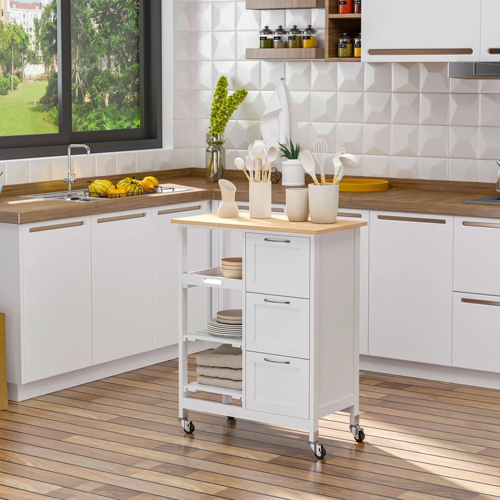 HOMCOM Kuchyňský vozík, servírovací vozík se 3 zásuvkami, 3 úrovně, pracovní deska, kuchyňský vozík, úložný vozík, bílý, 67 x 37 x 85 cm