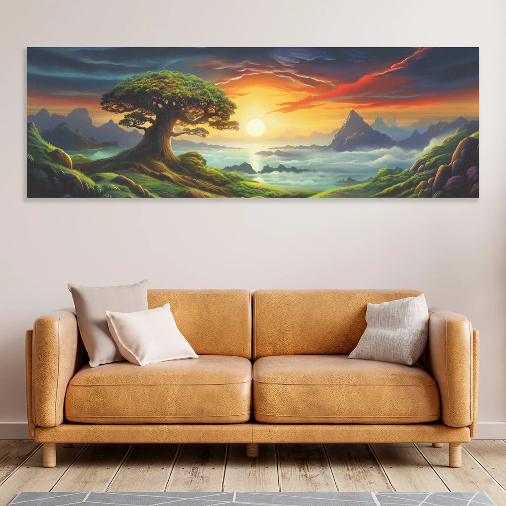 Obraz na plátně - Košatý strom života horské panorama FeelHappy.cz Velikost obrazu (šířka x výška): 150 x 50 cm