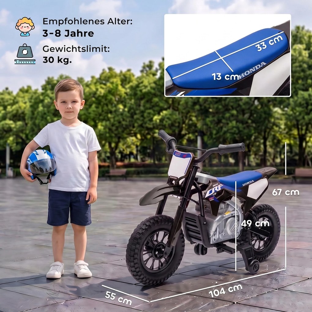 AIYAPLAY Elektro motorka pro děti HONDA CRF 450R 12V dětský motokros s 35W motorem, lithiová baterie, zadní odpružení, kola 12 palců 370-485V90BK