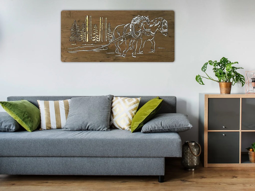 Li-Go "Koně v lese" světelný obraz 230V 110x50 cm provedení povrchu: dub světlý