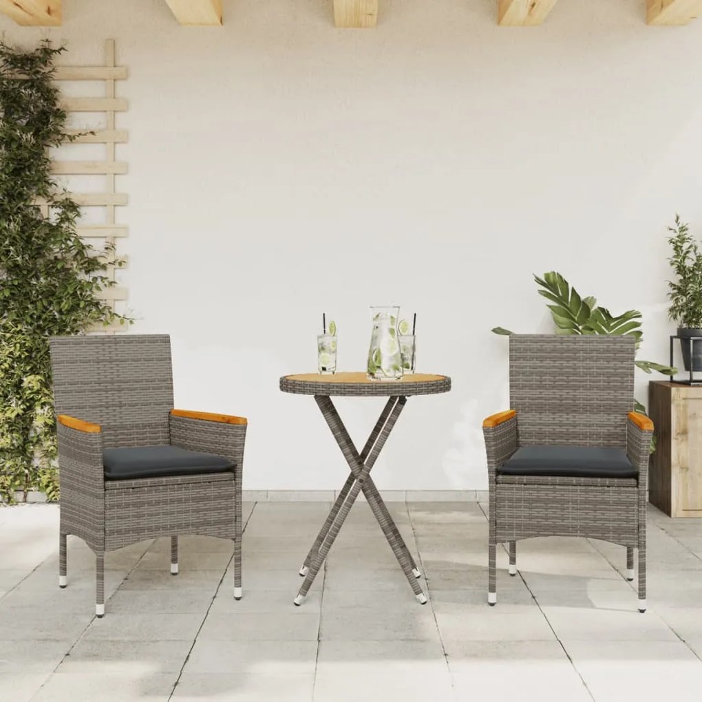 3dílný bistro set s poduškami šedý polyratan a akácie 3278754